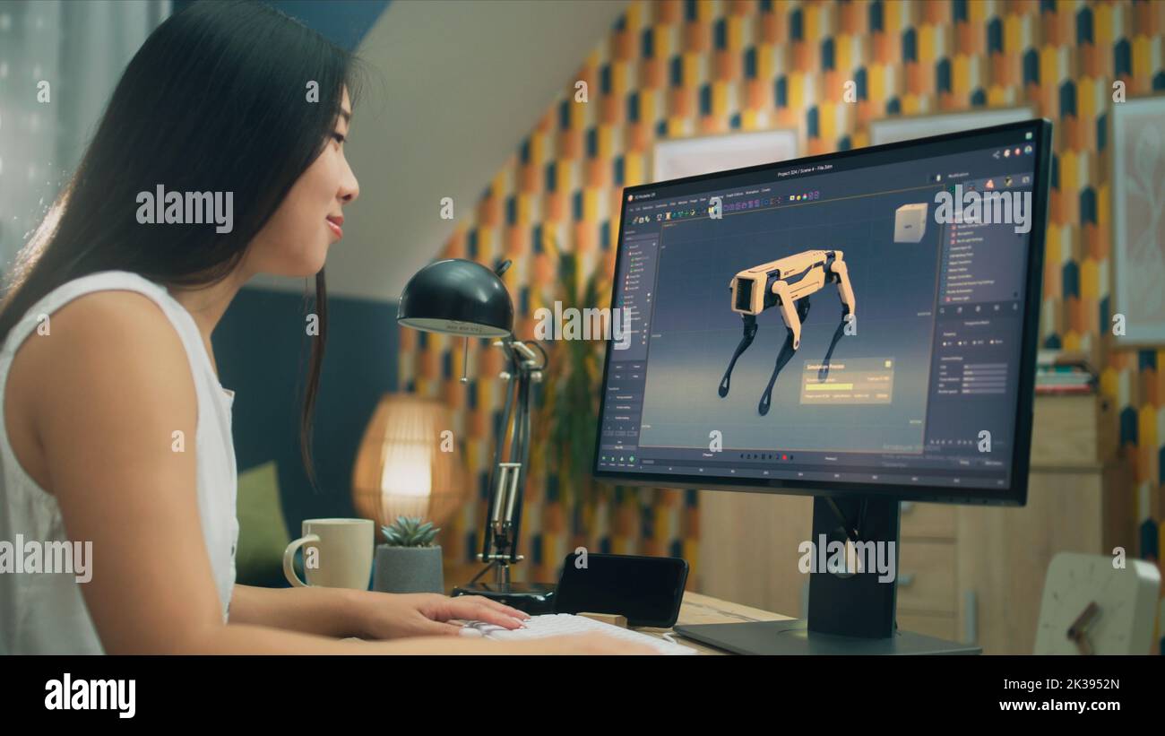 Asian woman working on pc in 3D modeling program remotely from home office and creating 3D ...