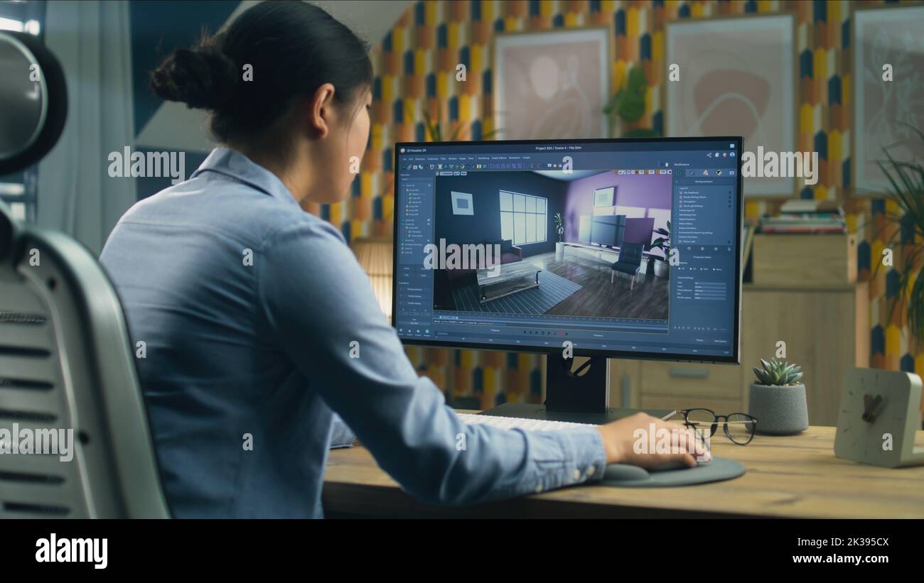 Female designer working remotely from home office and making 3D ...