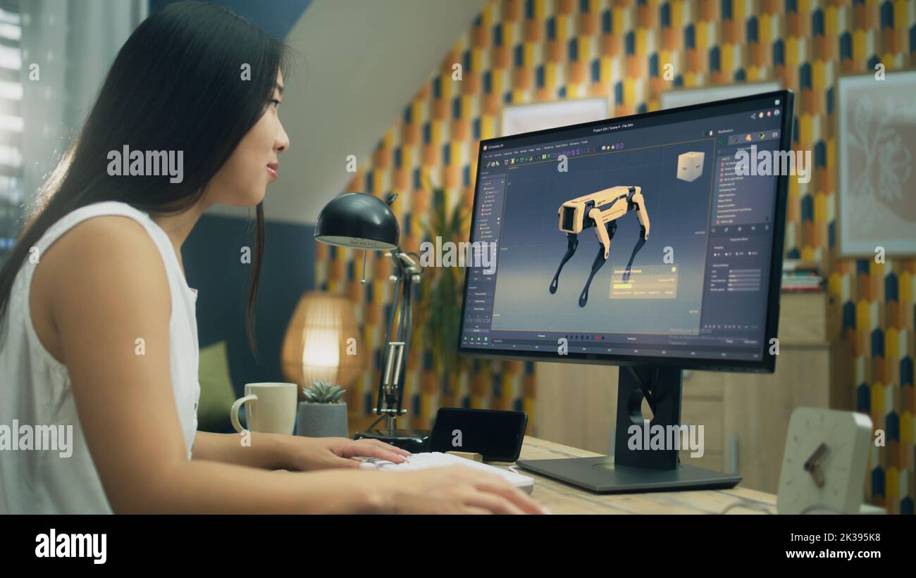 Asian woman working on pc in 3D modeling program remotely from home ...