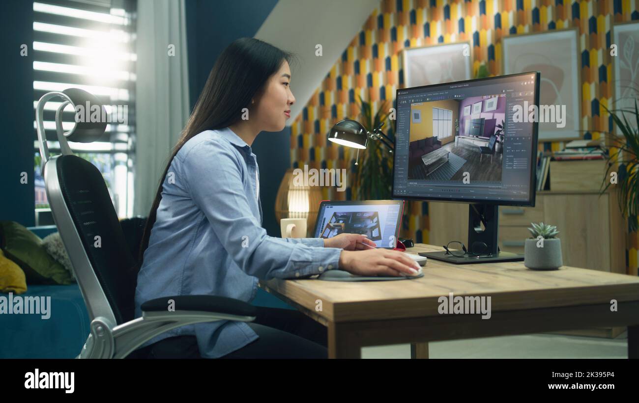 Female asian designer working remotely from home office and making 3D ...