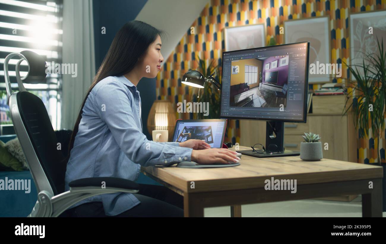 Female asian designer working remotely from home office and making 3D ...