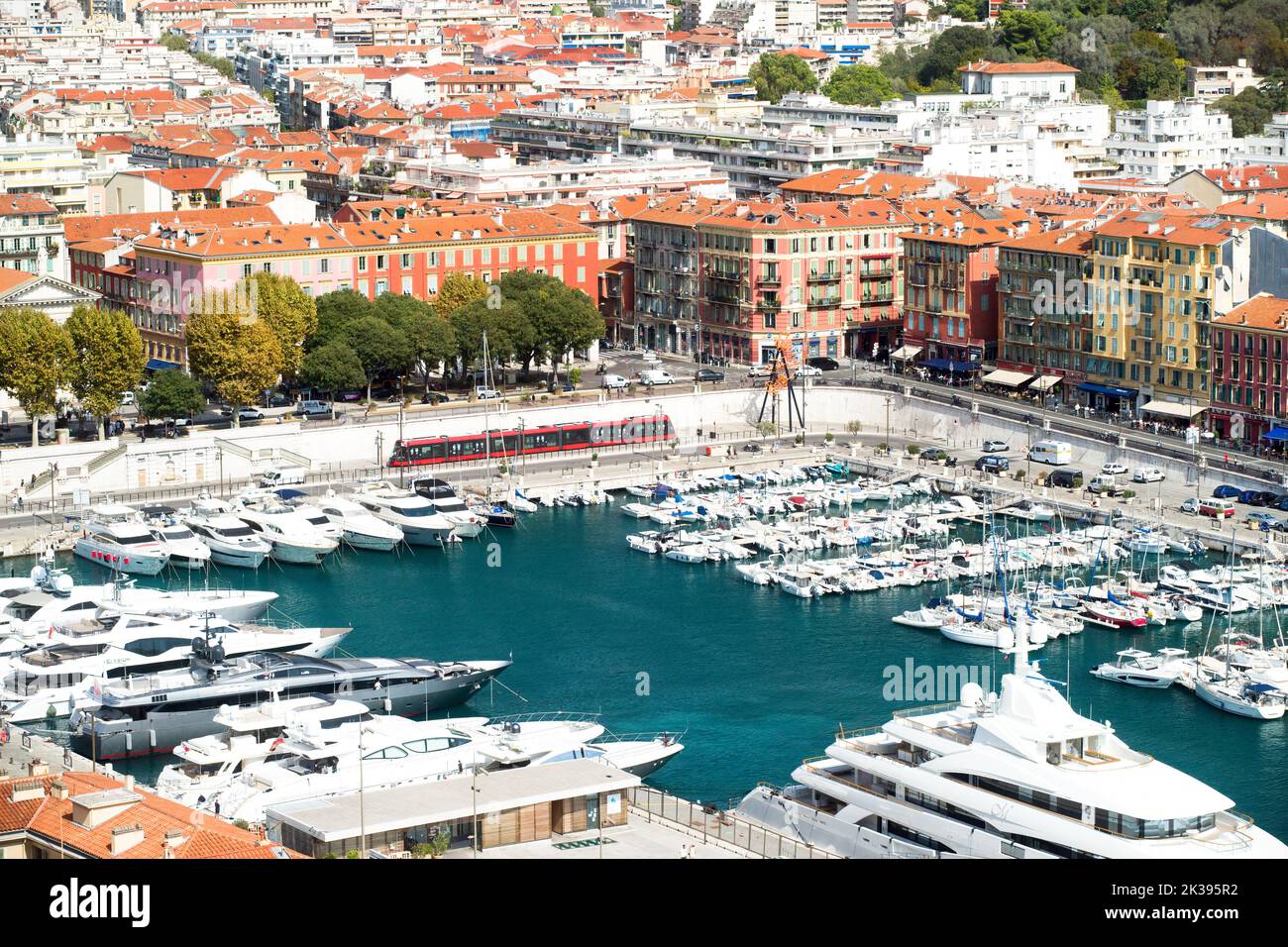 Aerial view of Nice city old port and modern electric tramway Stock ...
