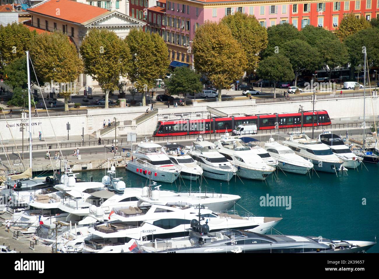 Aerial view of Nice city old port and modern electric tramway Stock ...