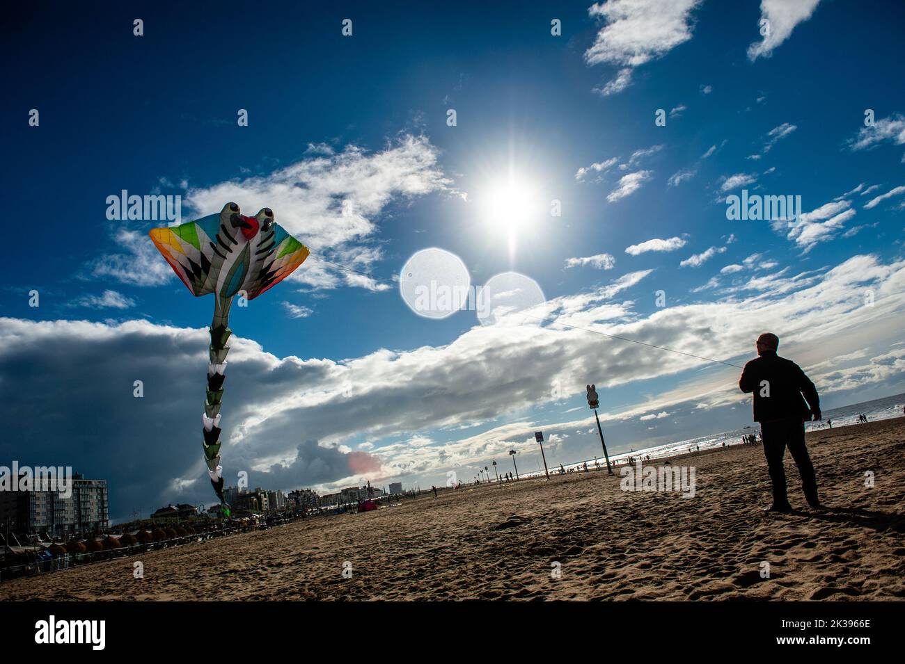 A man is seen flying his huge kite in the sky. The International Kite ...