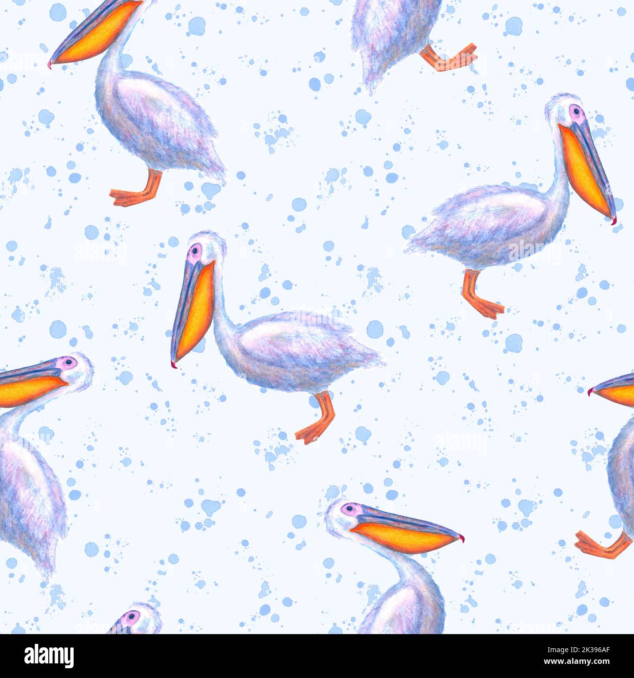 Watercolor white pelicans seamless pattern with blue splashes. Hand ...