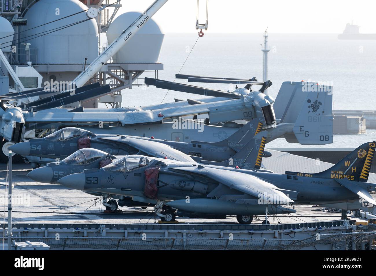 Bell Boeing V-22 Osprey V/STOL military transport aircraft and McDonnell Douglas AV-8B Harrier ...