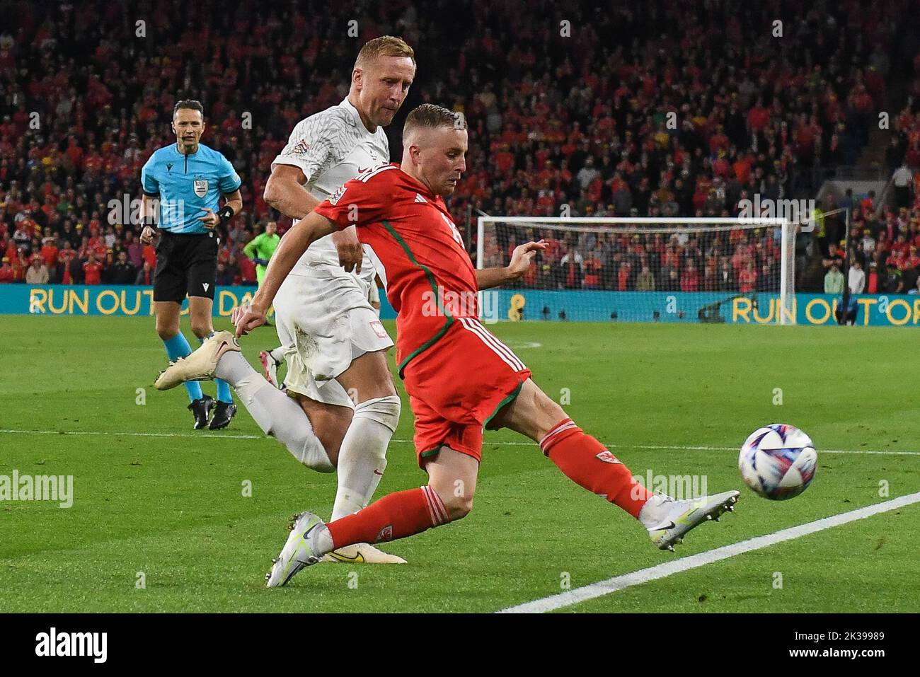 Joe Morrell of Wales clears the ball from defence during the UEFA ...