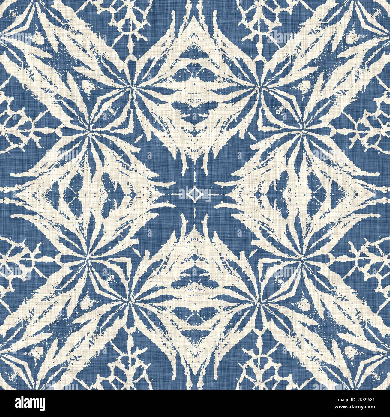 Farmhouse blue snow flake pattern background. Frosty batik french ...