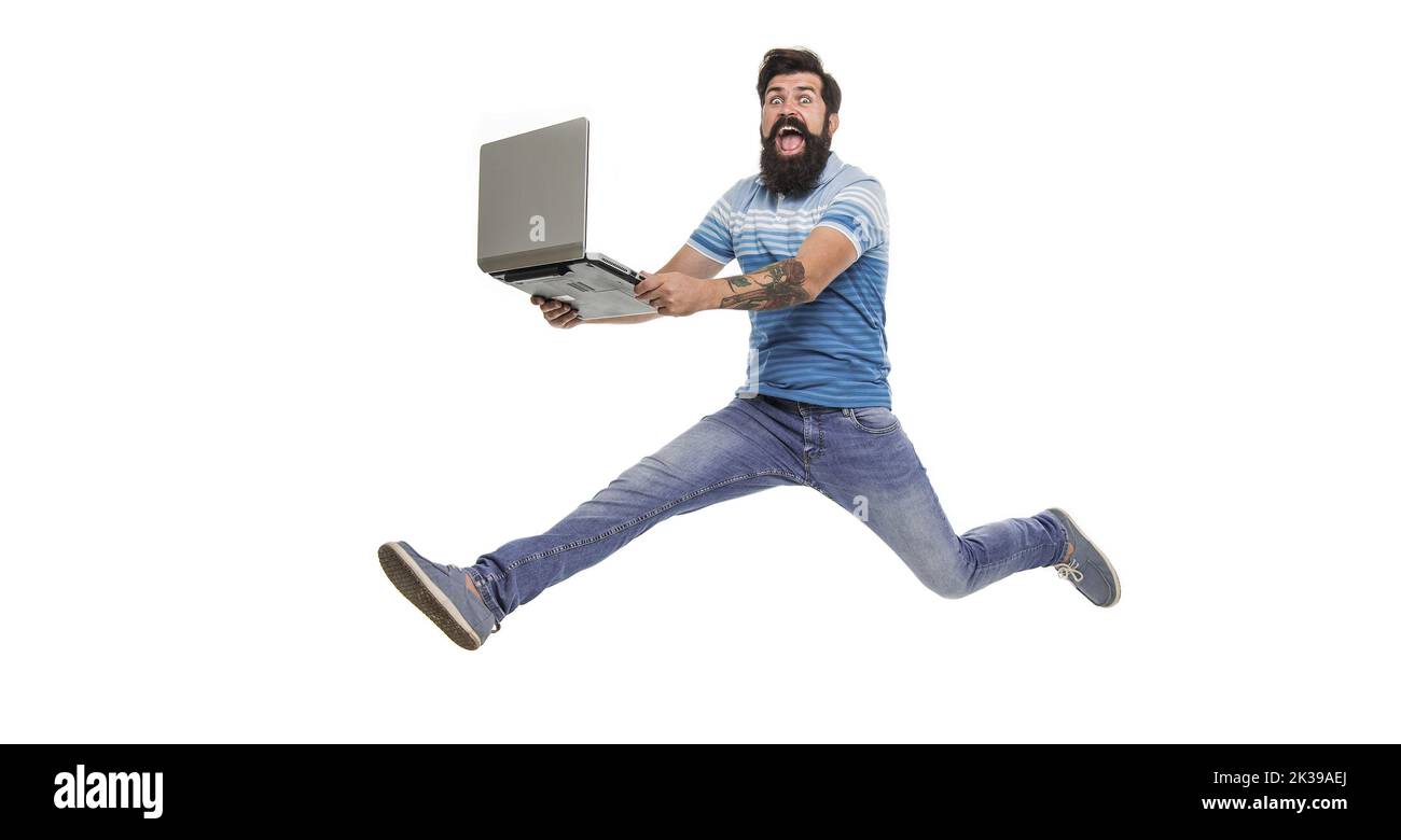 Fast internet. Technologies running world. Man run with modern laptop ...