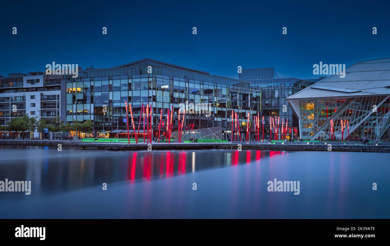 Dublin, Ireland, August 2019 Grand Canal Square in docklands with ...