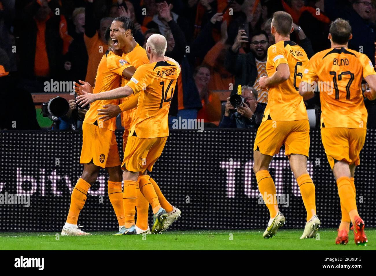 Netherlands' Virgil van Dijk celebrates after scoring during a soccer ...
