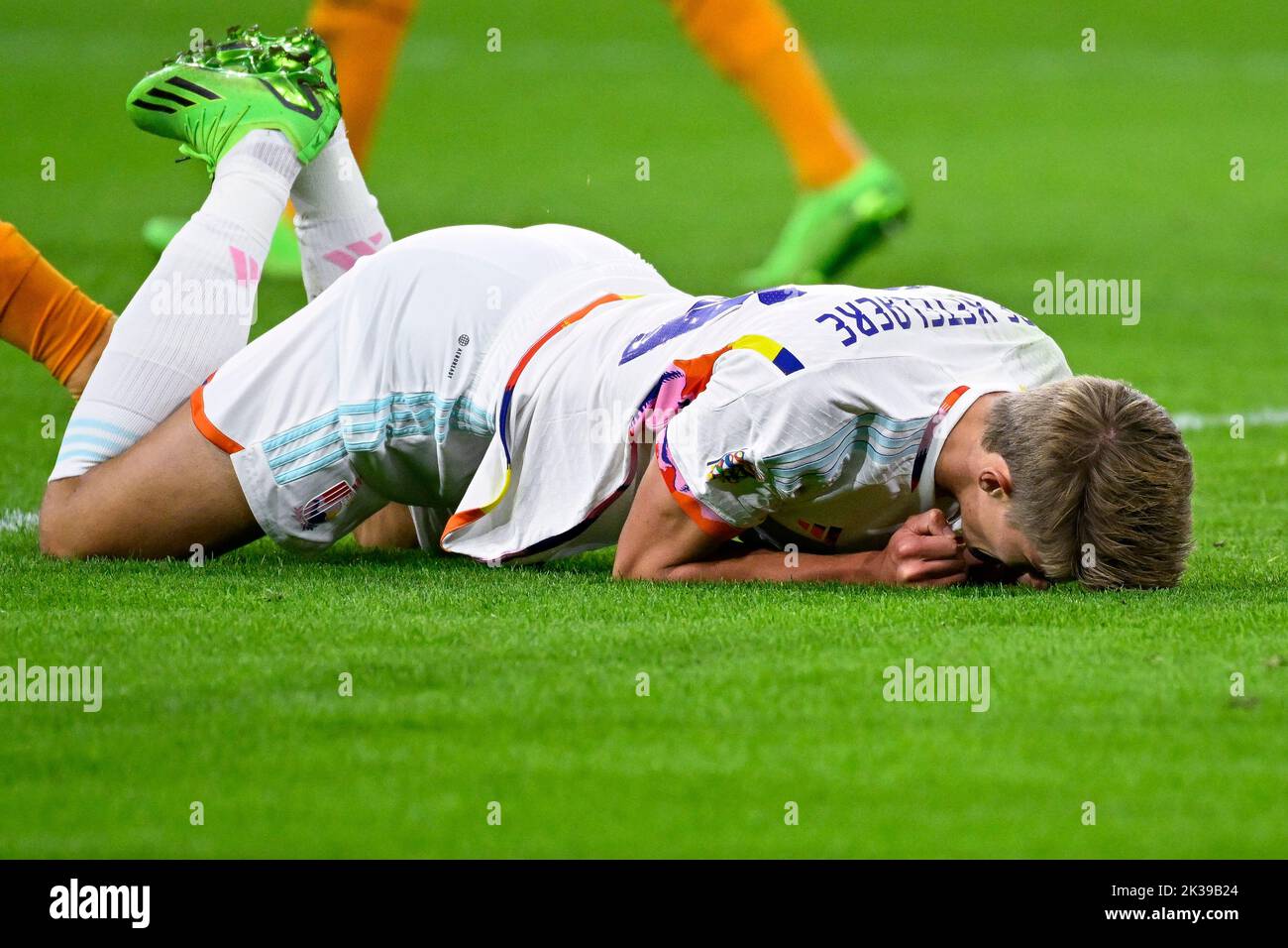 Belgium's Charles De Ketelaere looks dejected during a soccer game ...