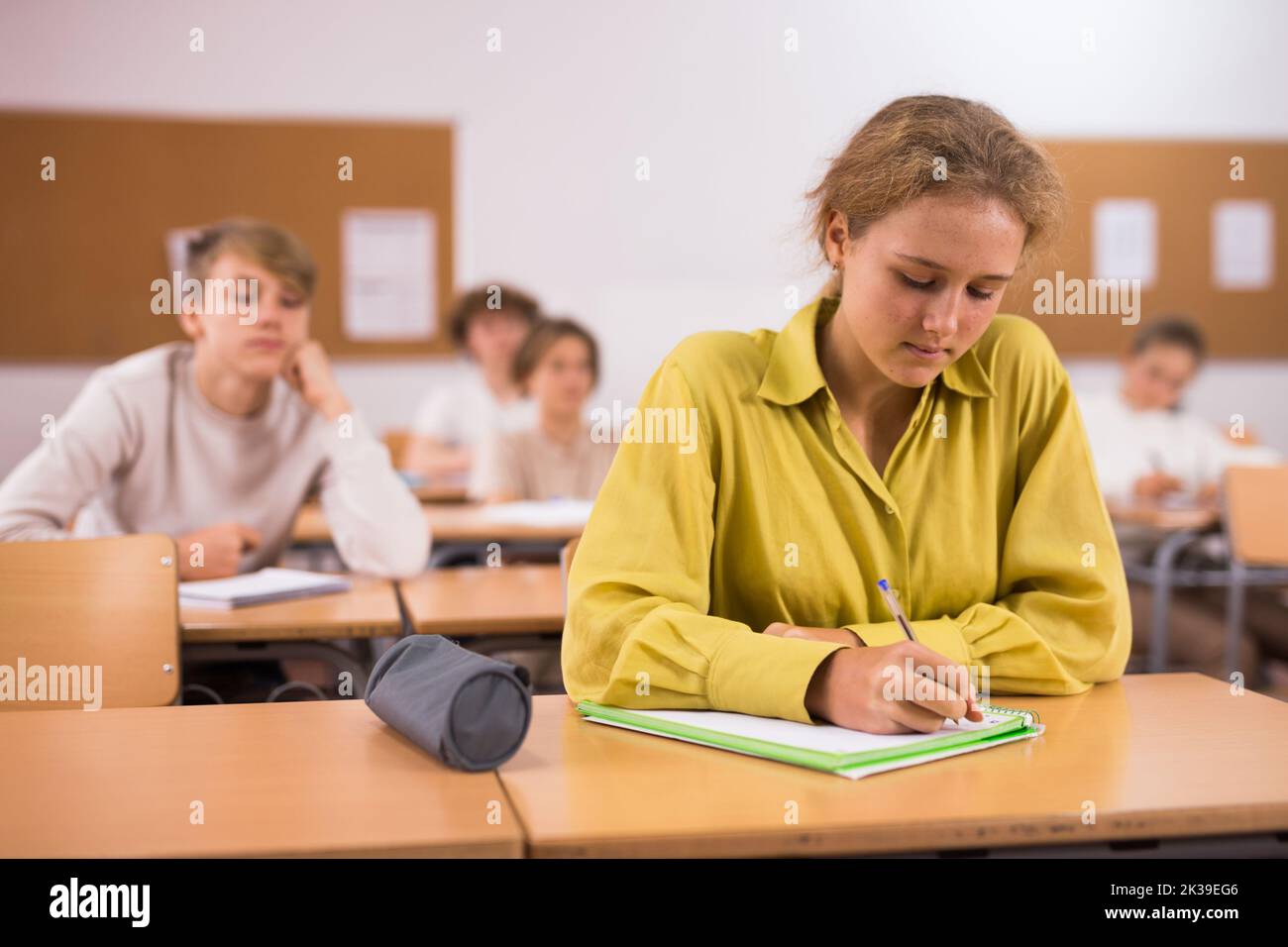 Teenage students studying in classroom with teacher, writing lectures ...