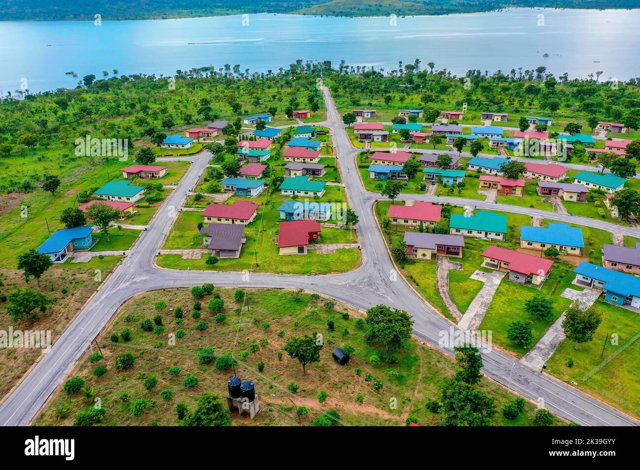 an aerial panoramic view of colorful Settlement close to river Stock ...