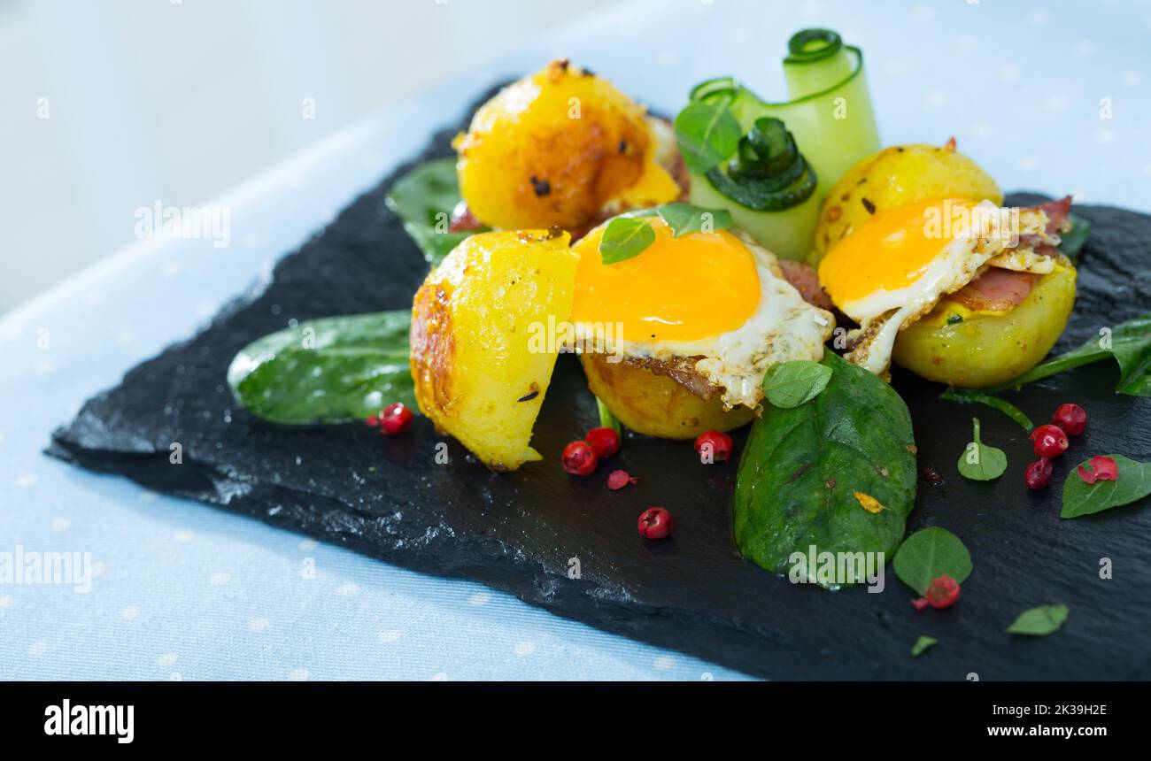 Potato burgers with quail egg Stock Photo - Alamy