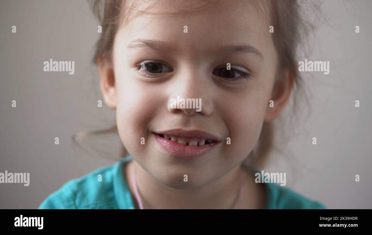 Portrait Funny Happy little kid close up happy preschool girl smiling ...
