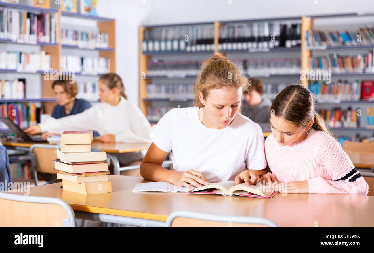Two female friends reading books together and preparing for exams in ...