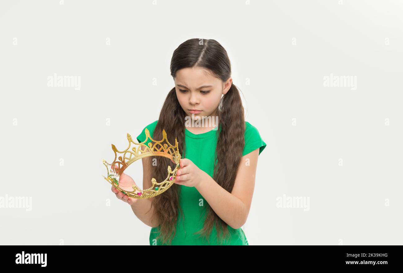 Price of the throne. Kid wear golden crown symbol of princess. Girl ...