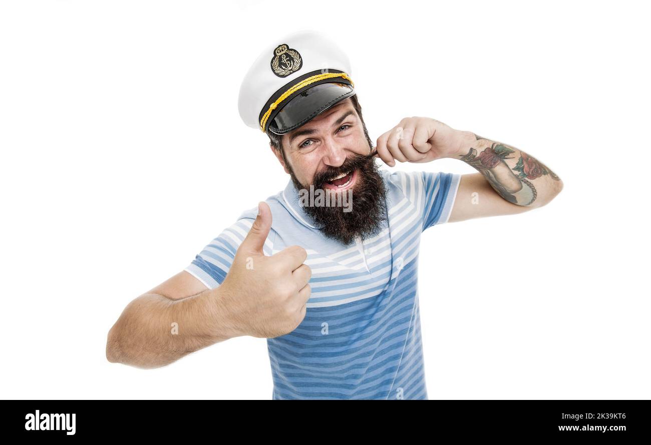 Proud of his mustache. Happy sailor twirl mustache. Bearded man with ...