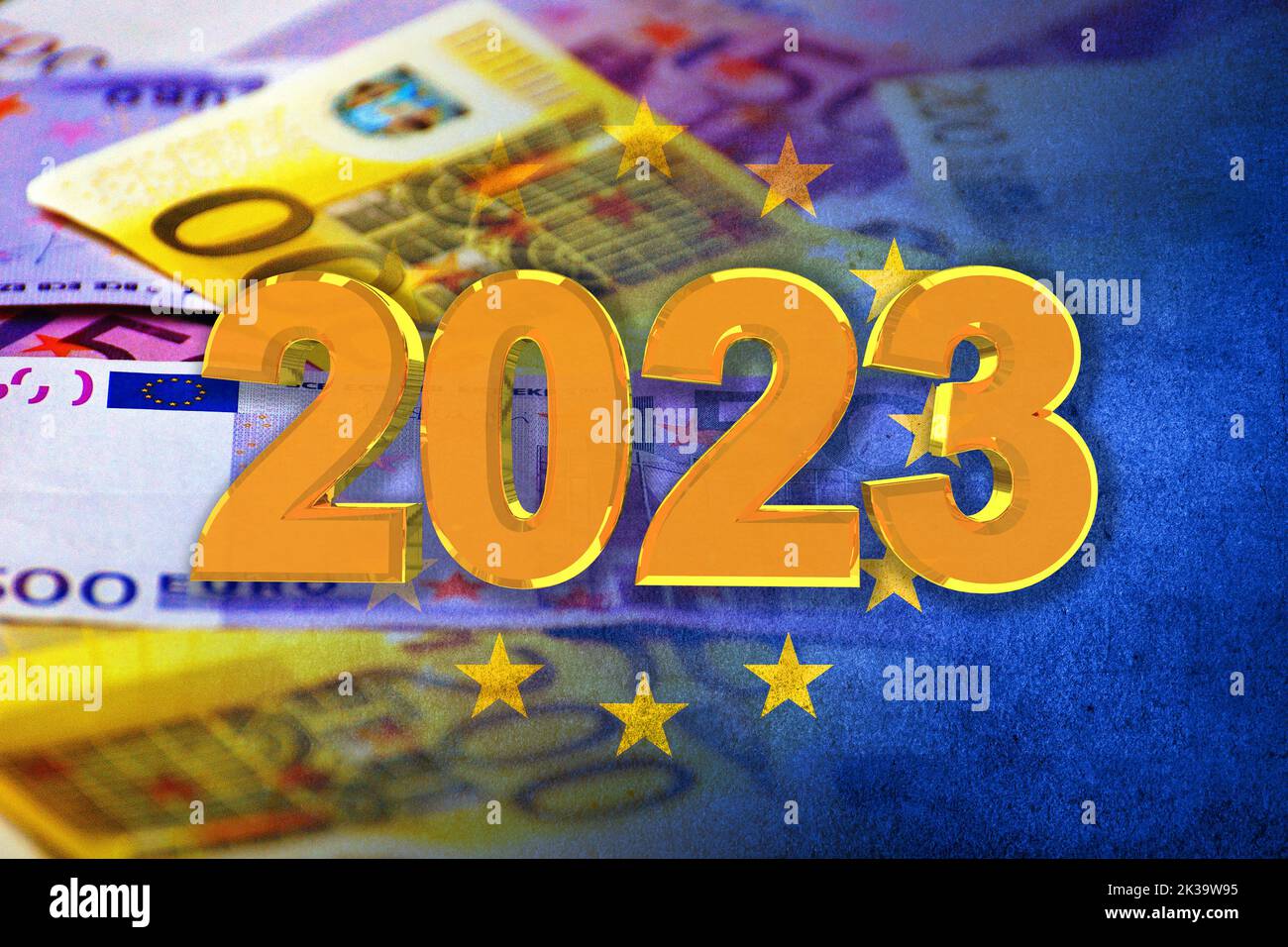 Year 2023, European Union flag and euro cash banknotes (money, economy ...