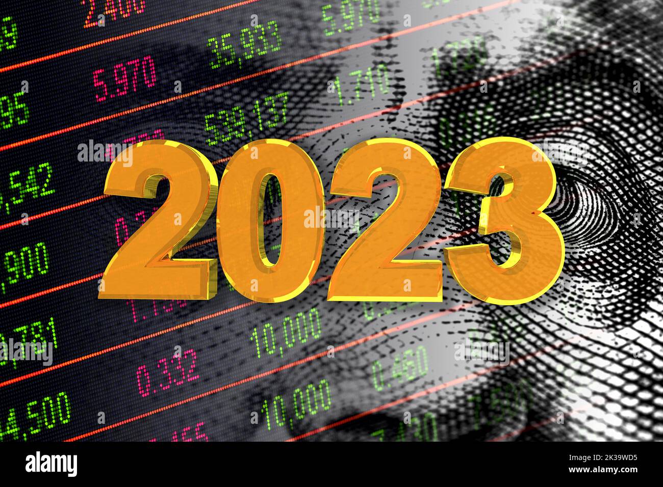 Year 2023, cash dollar bill and stock market indicator board (money ...