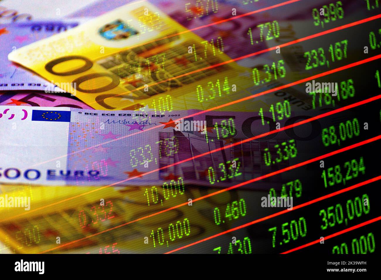 Euro cash bills and stock market indicator board (money, economy ...