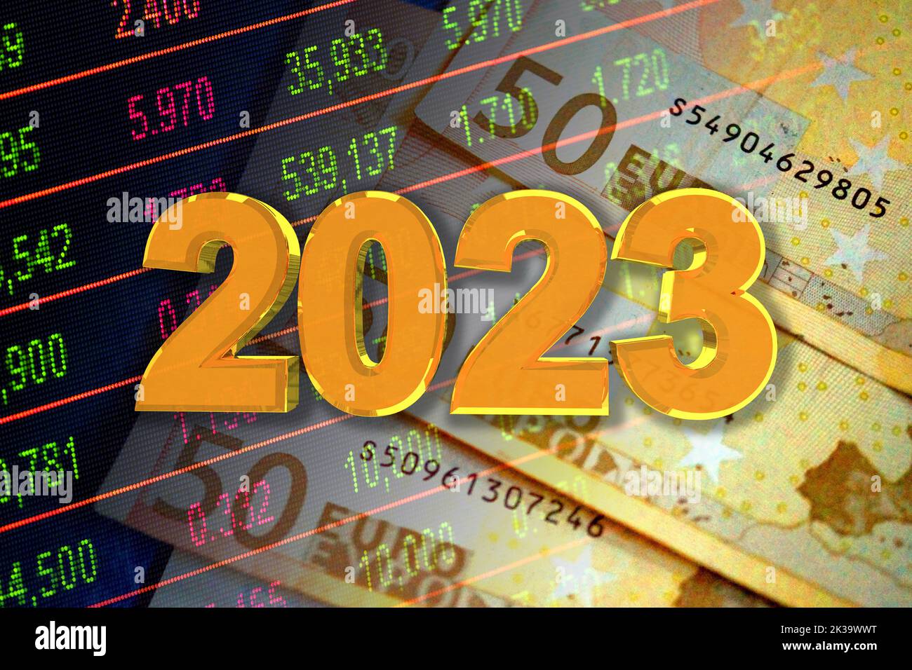 Year 2023, cash euro banknotes and stock market indicator board (money ...