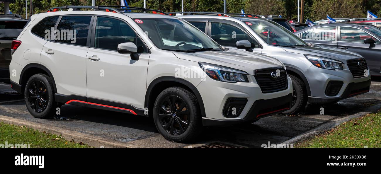 Two Subaru hatchbacks for sale at a dealership on a sunny fall day in ...