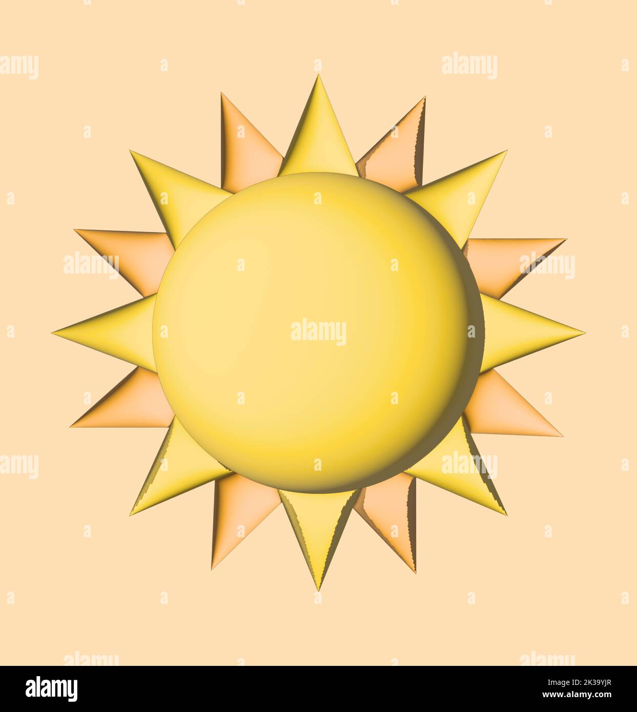 A 3D render of a cartoonish sun design with yellow and orange rays on a ...