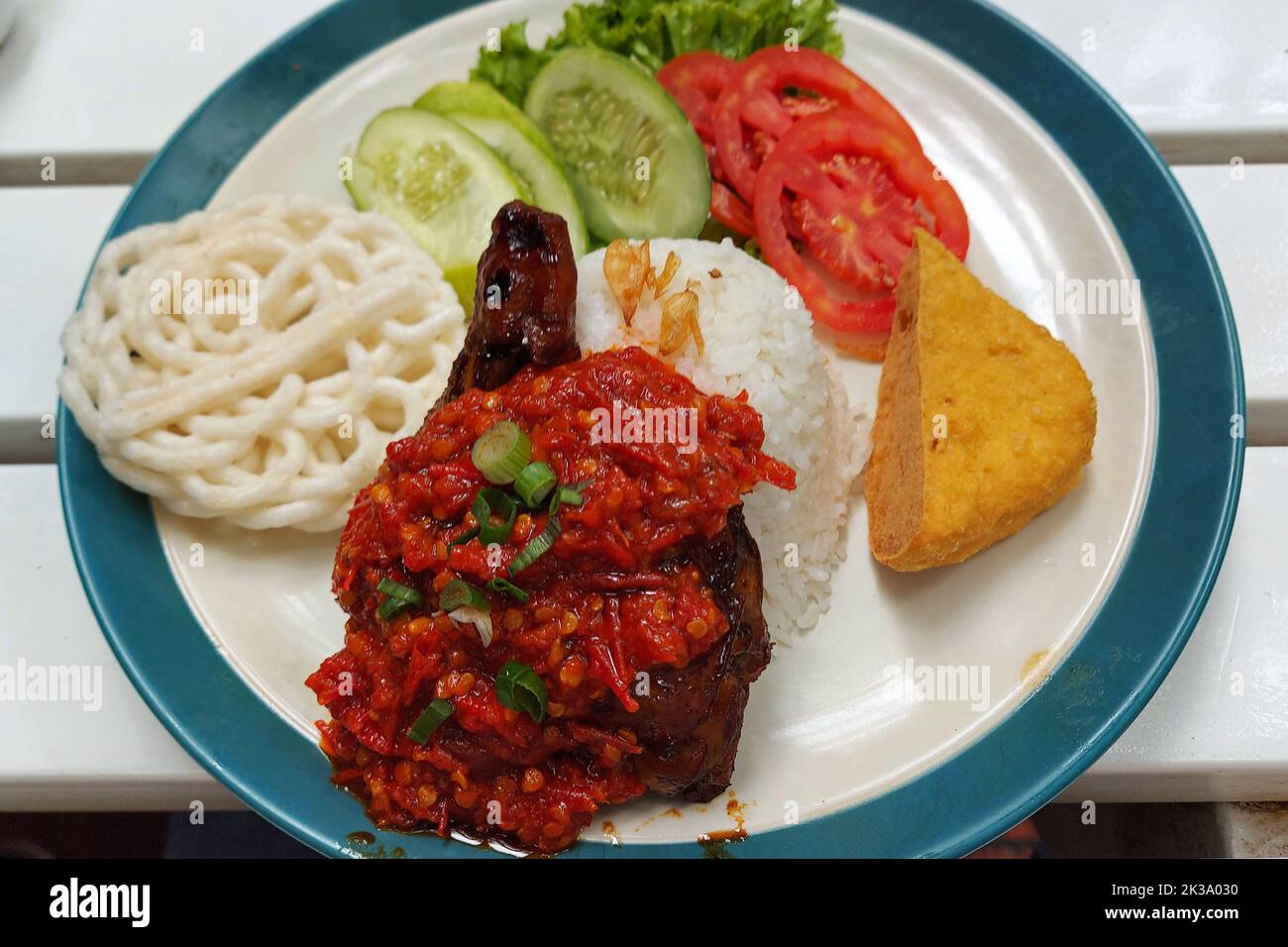 GRilled Chicken with Rice and Chili at Cafe Bandung, Indonesia Stock ...
