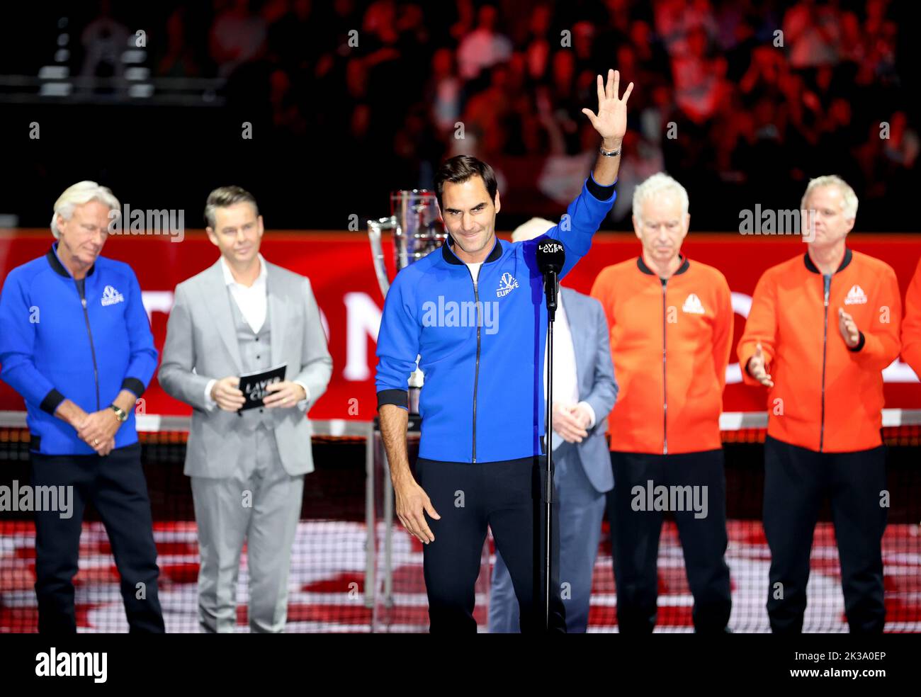 London, Britain. 26th Sep, 2022. Swiss player Roger Federer (C, front ...