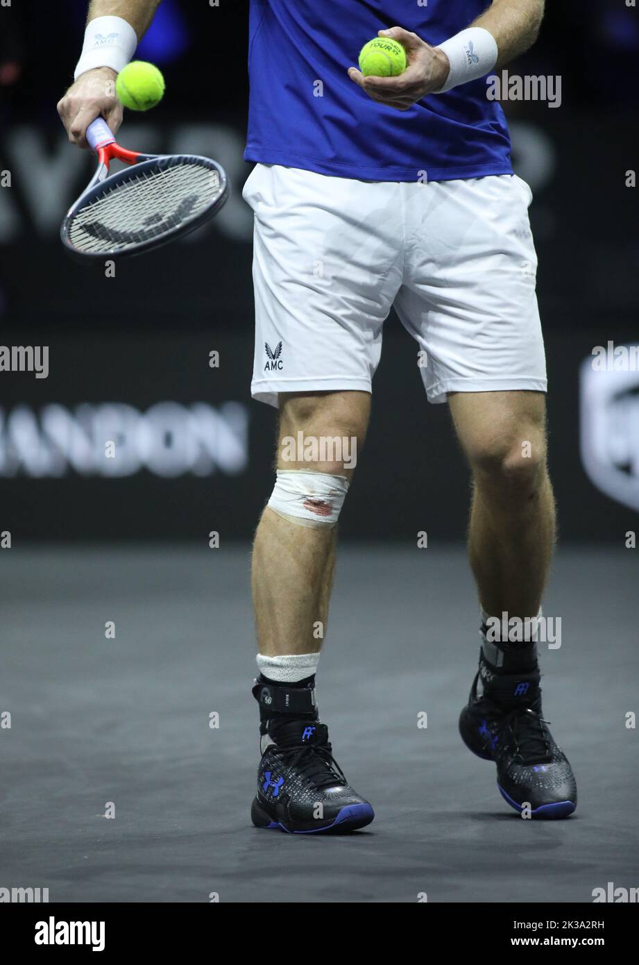 London, UK. 25th Sep, 2022. Andy Murray of Team Europe's taped-up bleeding knee during the ATP ...