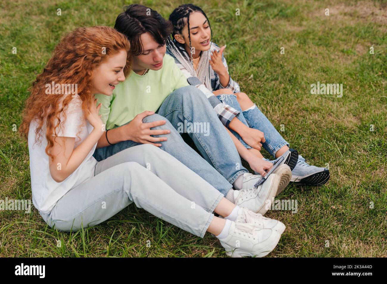 Three young influencers making a selfie and send video message with ...