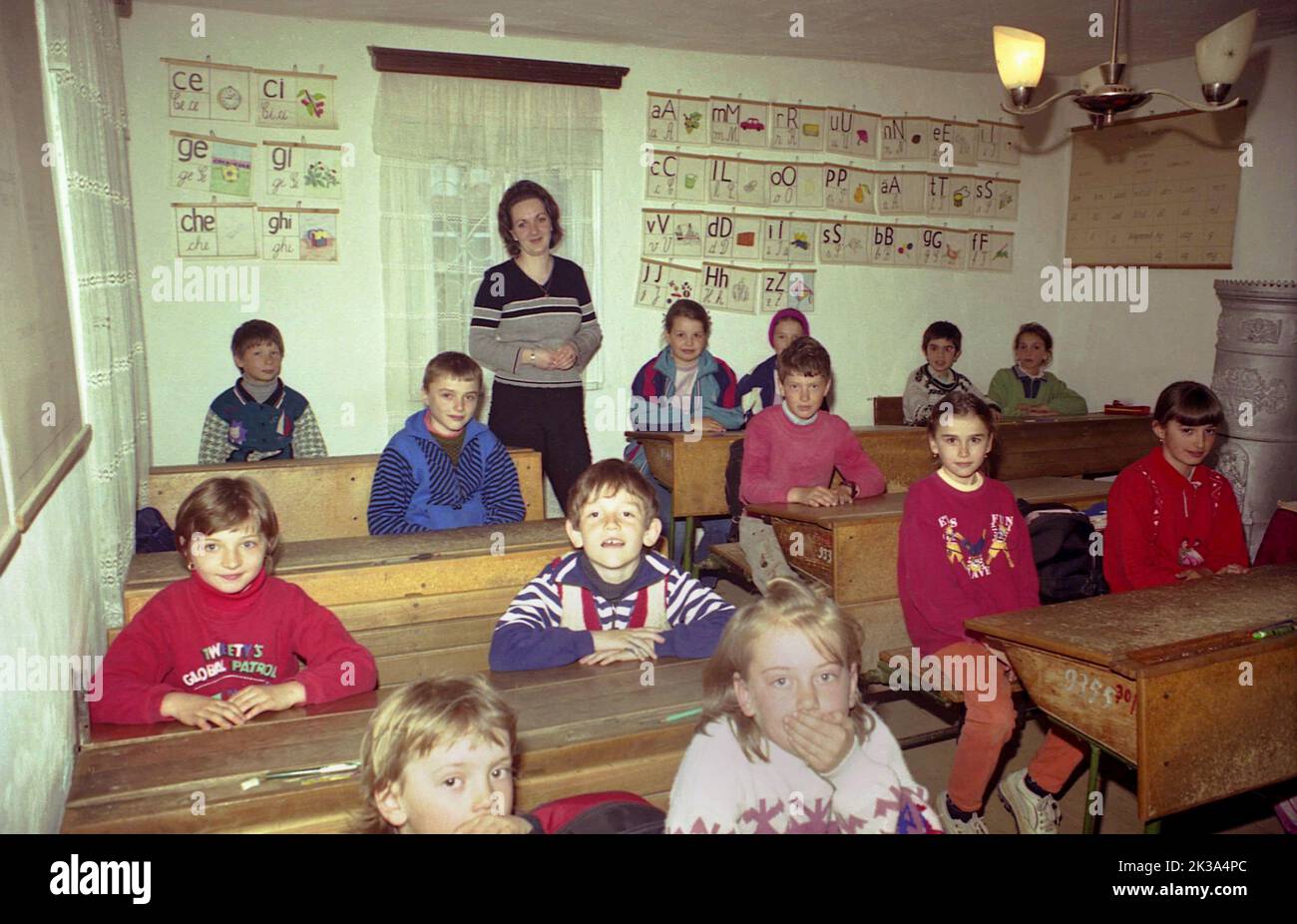 Alba County, Romania, approx. 2000. Inside a classroom in a one-room ...