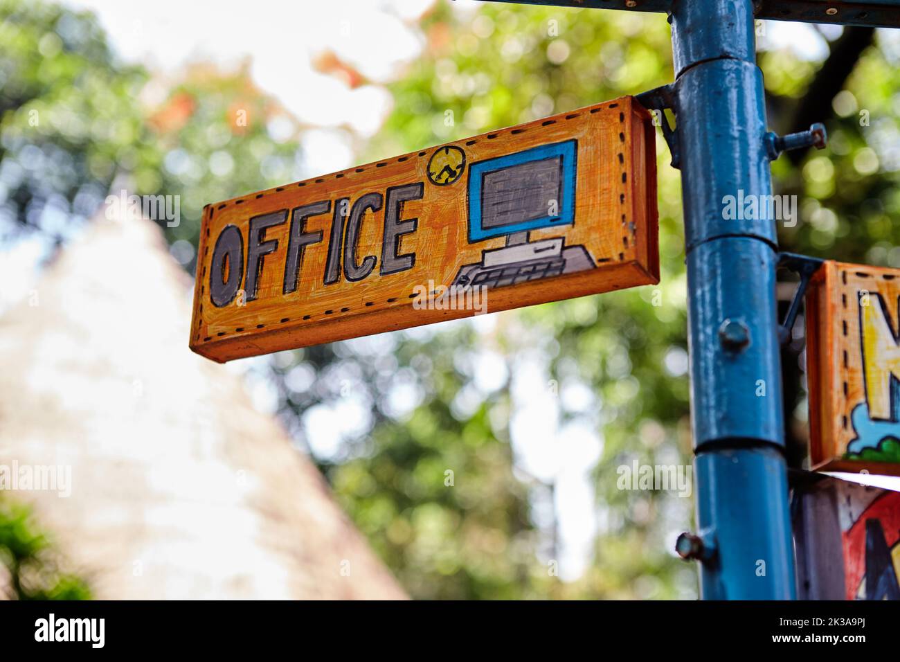 A signboard to the office location in the style of a children's ...