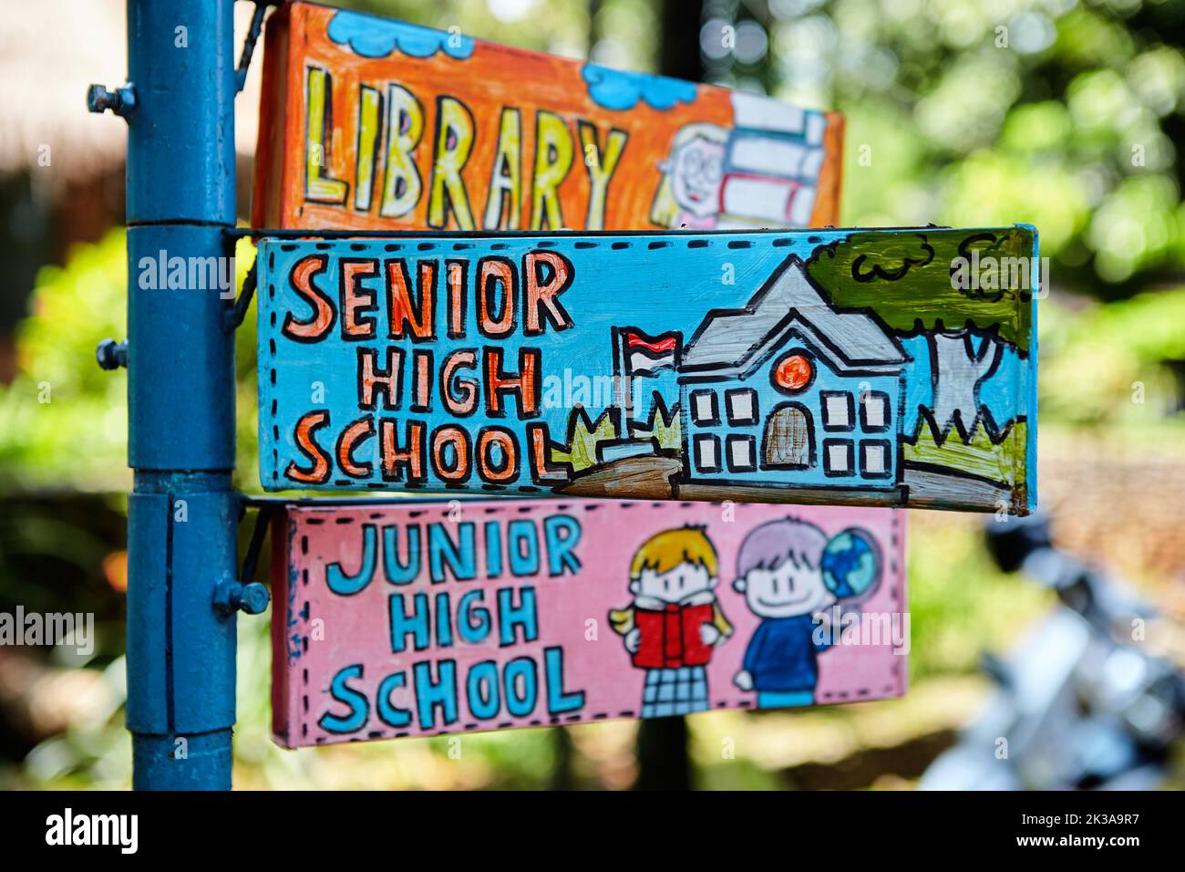A signboard for the location of the school in the style of a children's ...