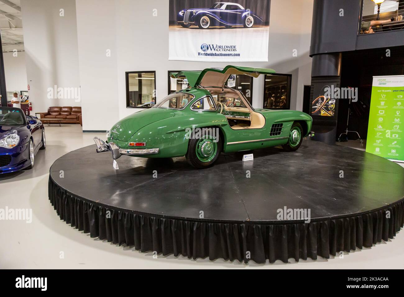 A green 1955 Mercedes-Benz 300SL Gullwing Coupe on display at the ...