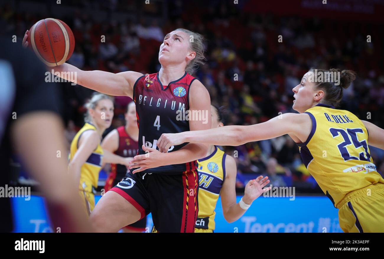 Belgium's Elise Ramette and Bosnia's Andjela Delic fight for the ball ...