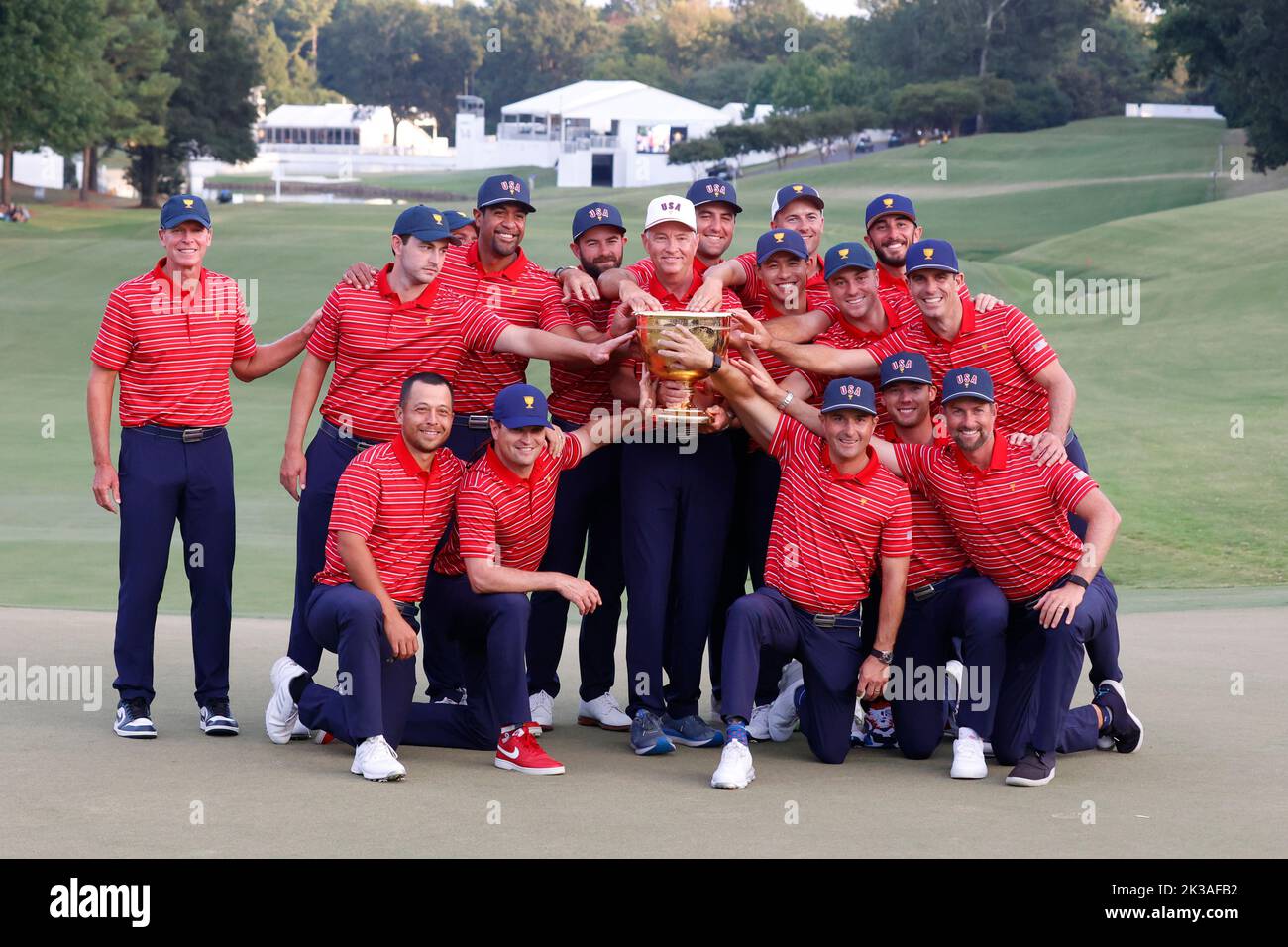 CHARLOTTE, NC - SEPTEMBER 25: USA Presidents Cup Team does a team photo after winning the 2022 ...