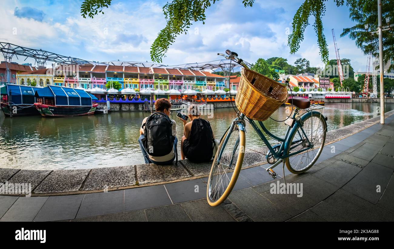 Scenic view of Clarke Quay from riverside of Clarke Quay Central during ...