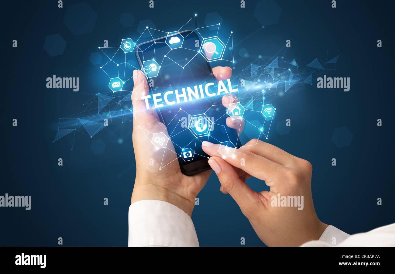 Hand using smartphone with technology concept Stock Photo - Alamy