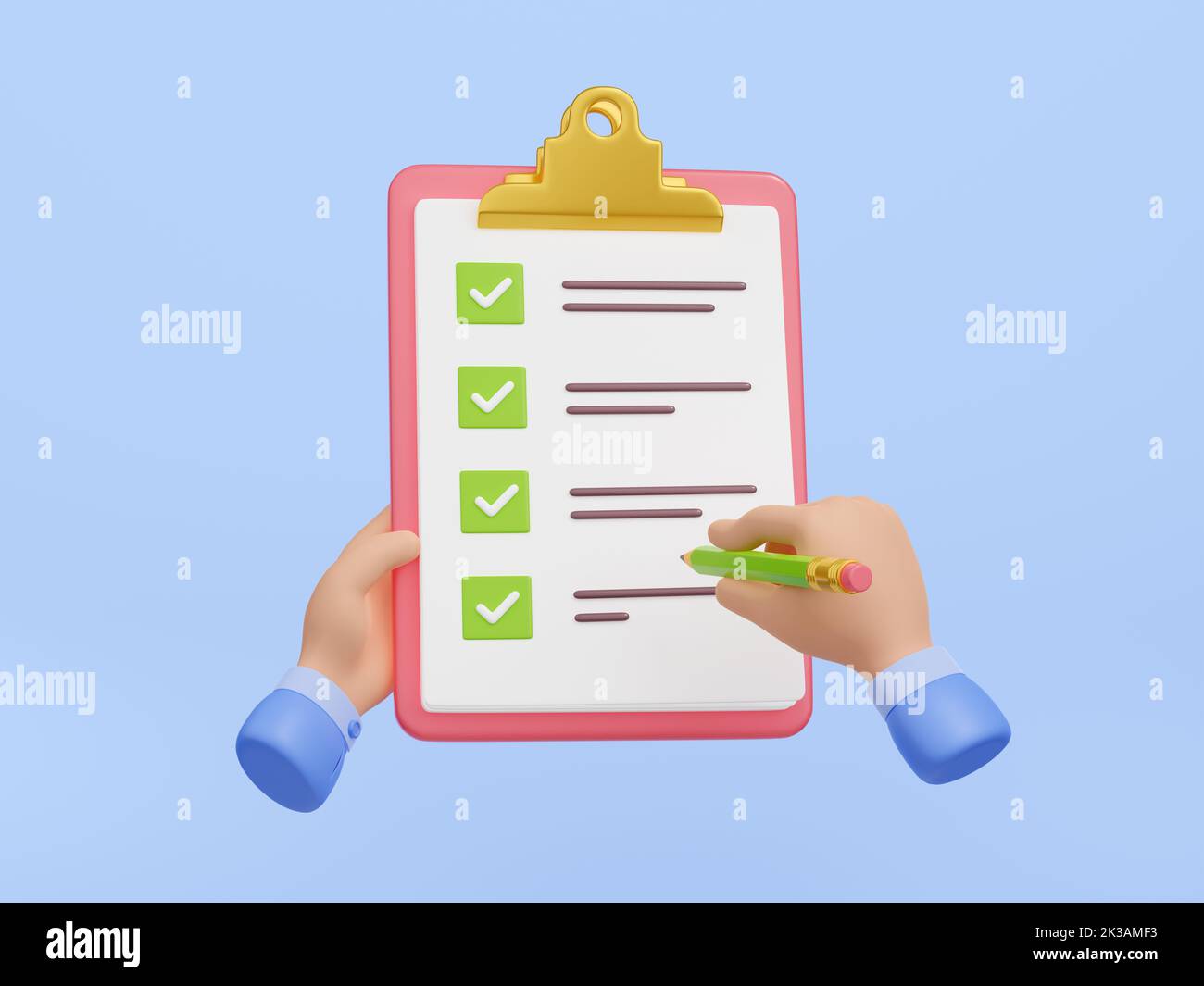 3d render checklist on clipboard with hand holding pencil and put ticks ...