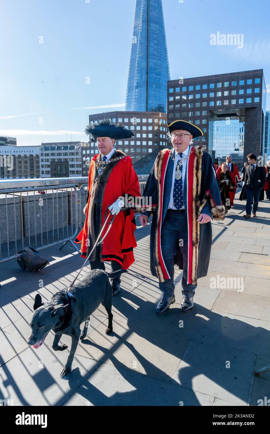 Lord Mayor of London Vincent Keaveny walks a dog across London Bridge ...