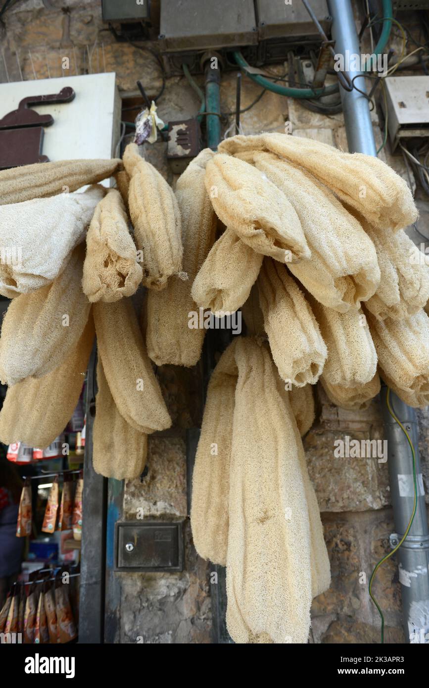 Bathroom loofa sponge displayed at the Machane Yehuda market in ...