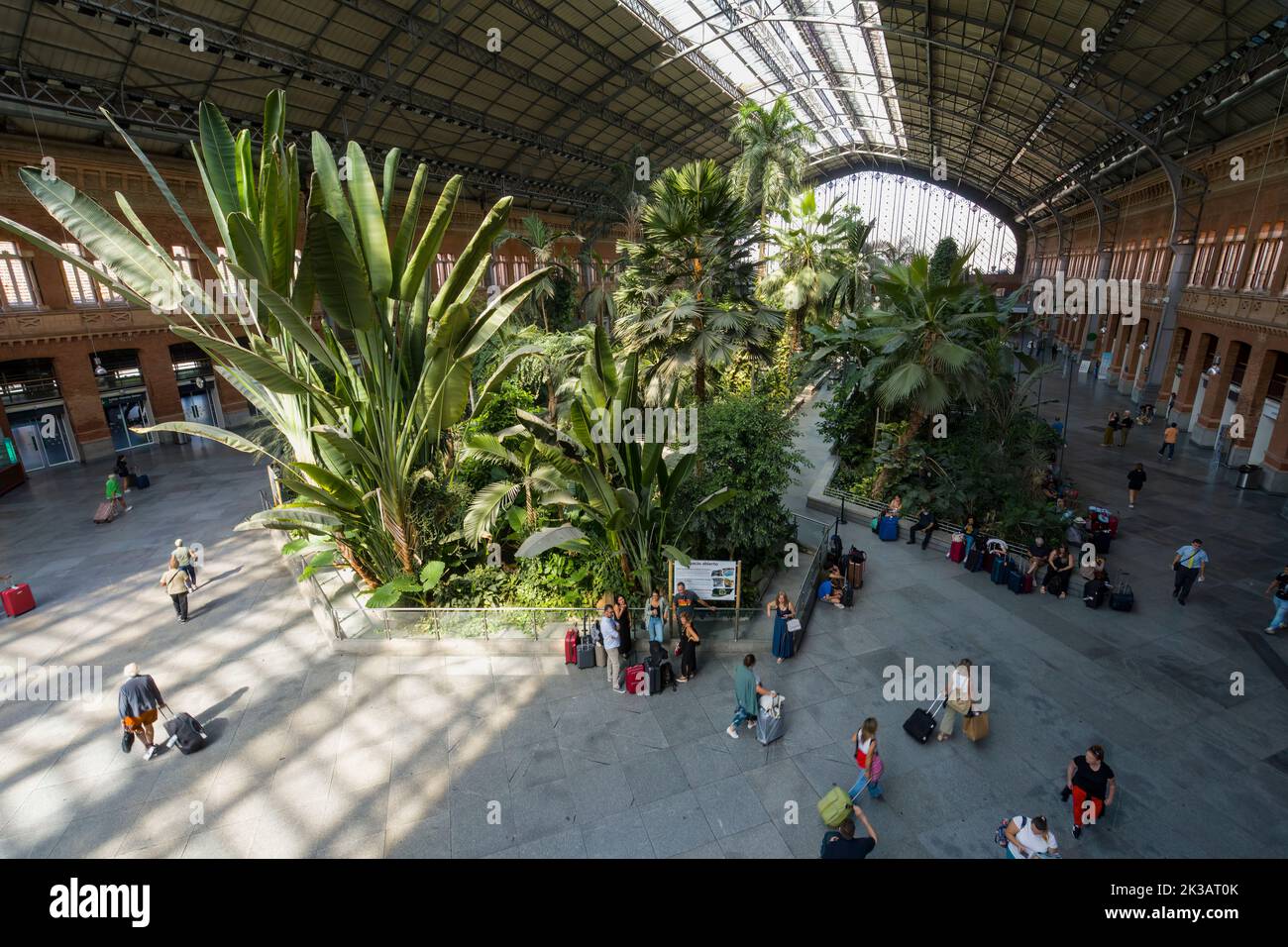Madrid, Spain, September 2022. panoramic view of the tropical garden inside the Atocha railway ...