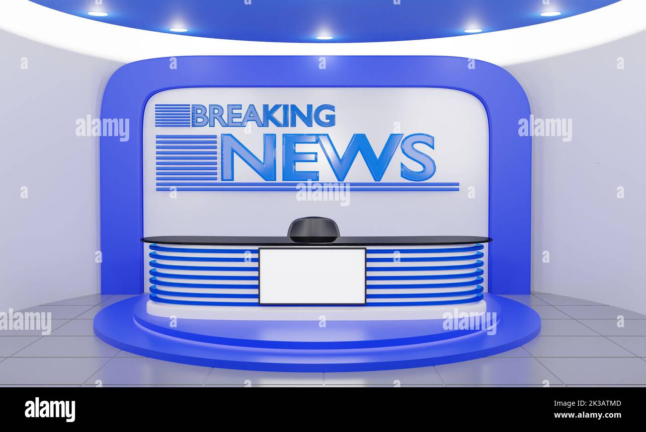 glass table and lcd background in the news studio room.3d rendering ...