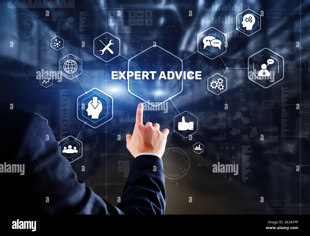 Expert advice. Businessman hand touching inscription on virtual screen ...