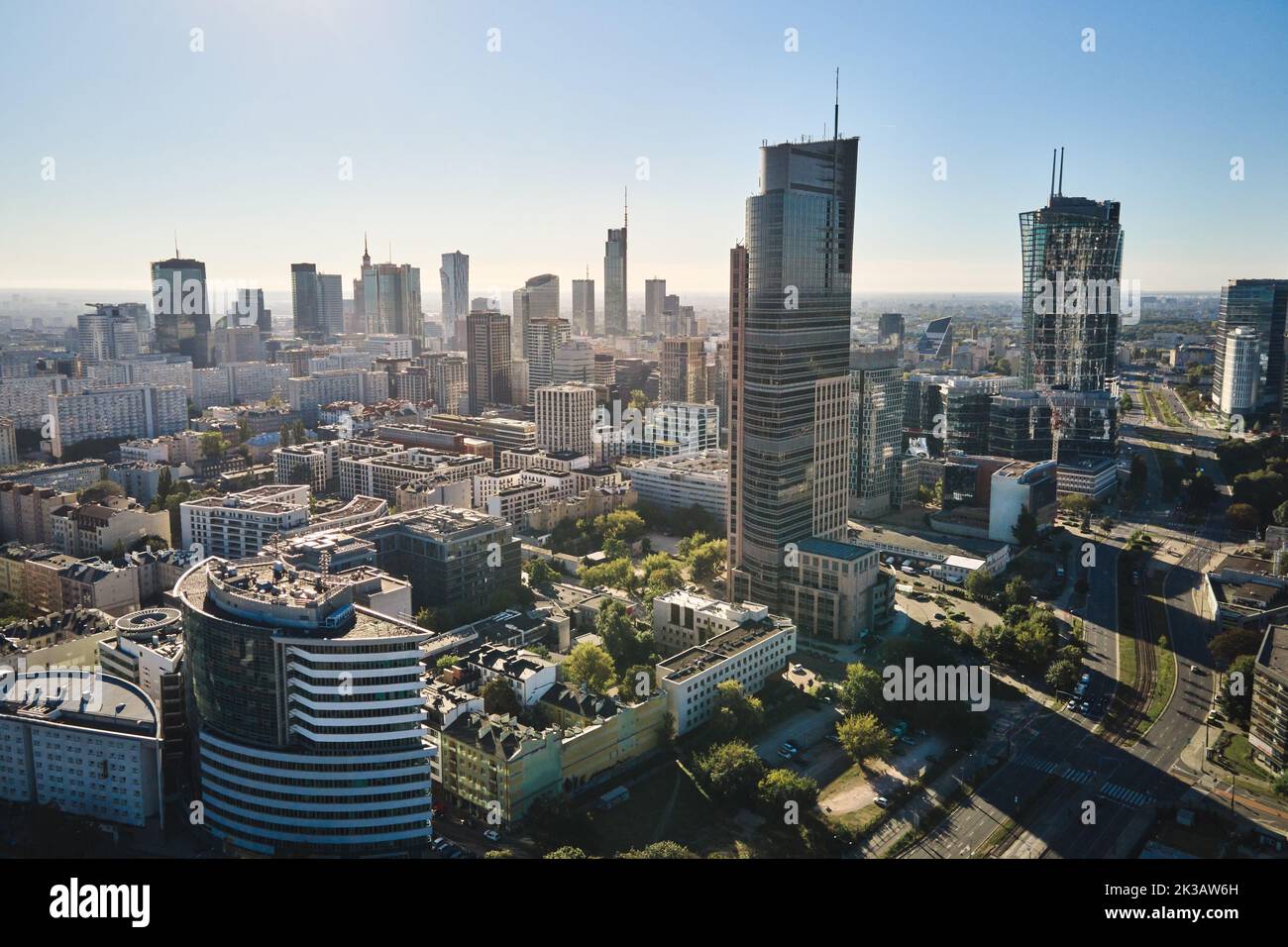 Aerial drone view of Warsaw cityscape, Center of Warsaw city with ...