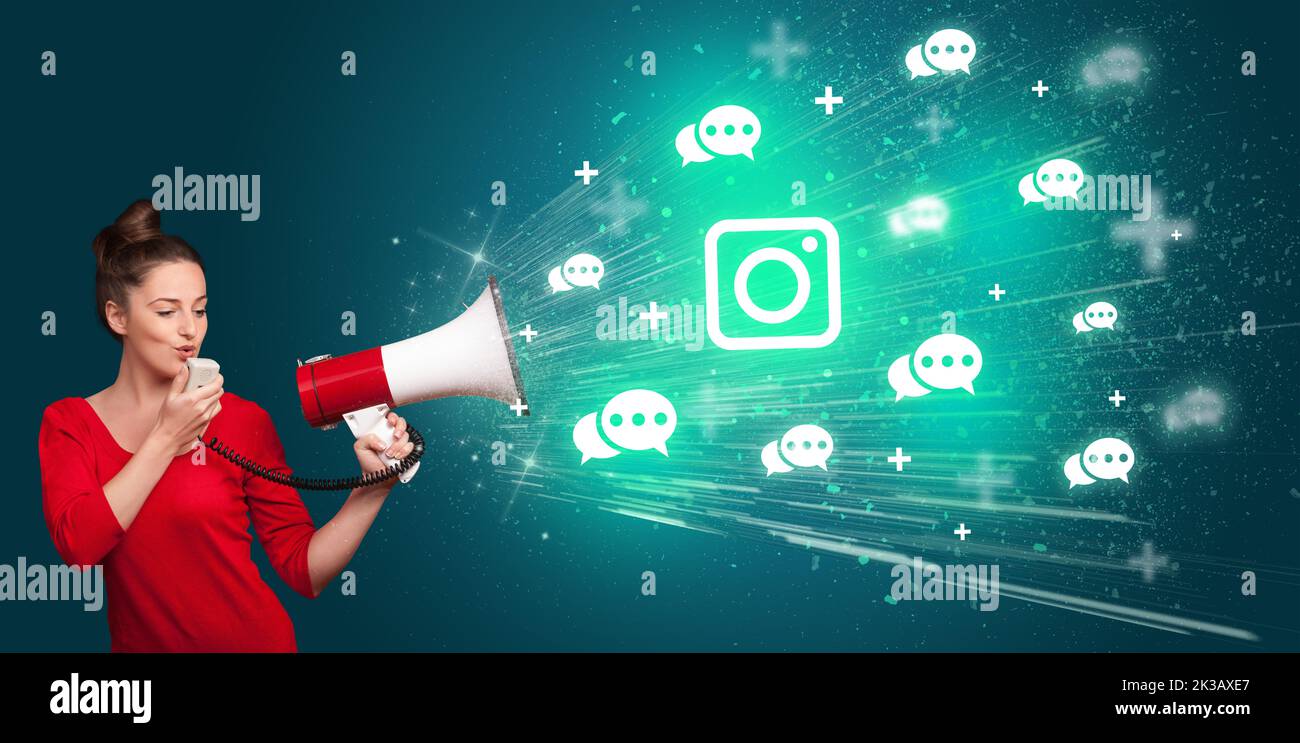Young person with megaphone and social networking icon Stock Photo - Alamy
