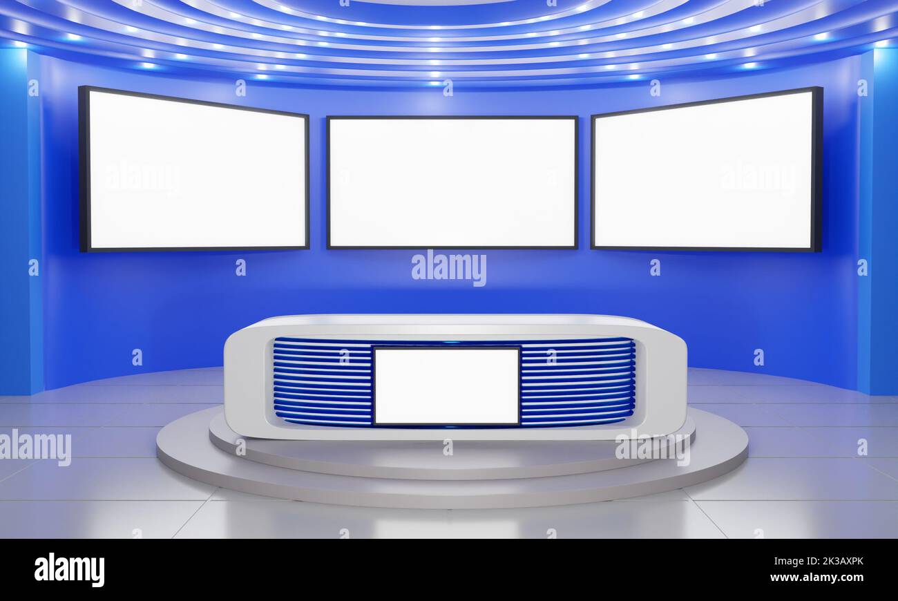 white table and lcd background in a news studio room.3d rendering Stock ...